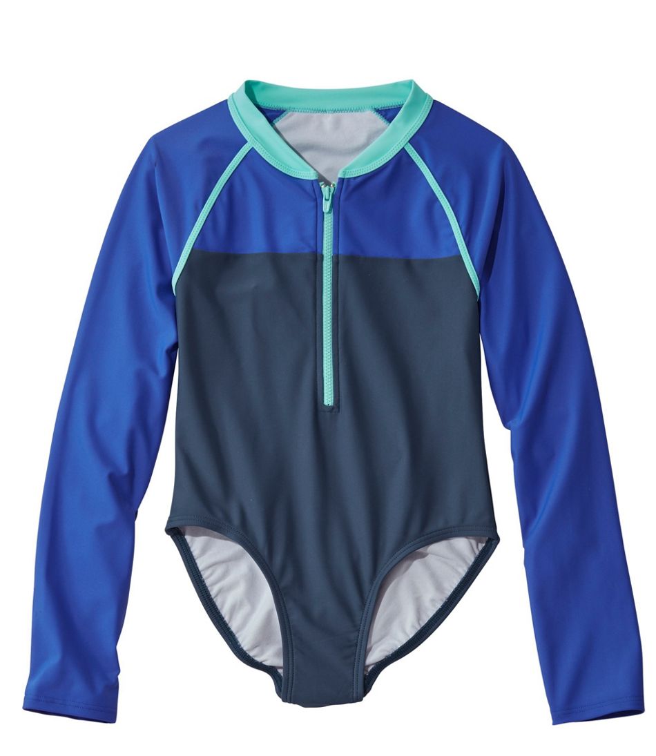 Girls' Watersports Swimsuit One-piece Long Sleeve, Colorblock Girls' Watersports Swimsuit One-piece Long Sleeve, Colorblock