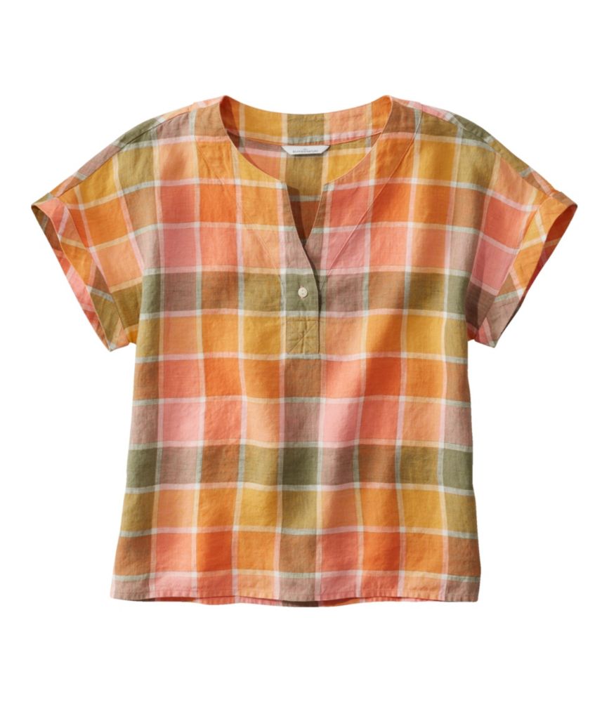 Women's Signature Linen Split-Neck Shirt, Novelty, Short-Sleeve ...