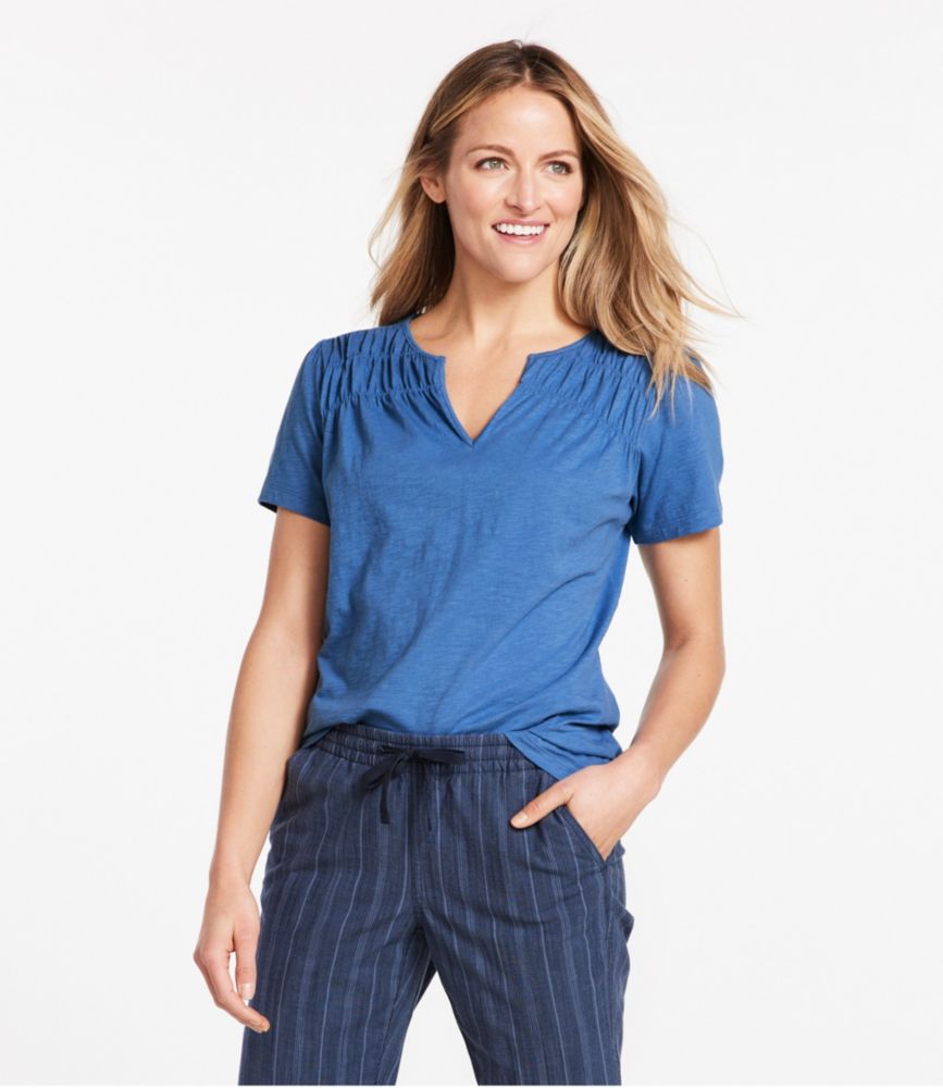 Women's Organic Cotton Tee, Smocked Notch-Neck Short-Sleeve | Tees ...