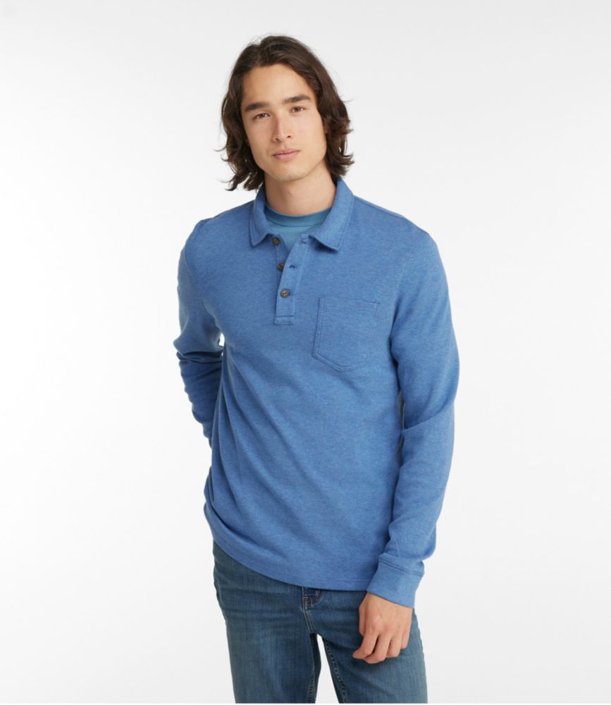 Men's Washed Cotton Double-Knit Polo, Long-Sleeve